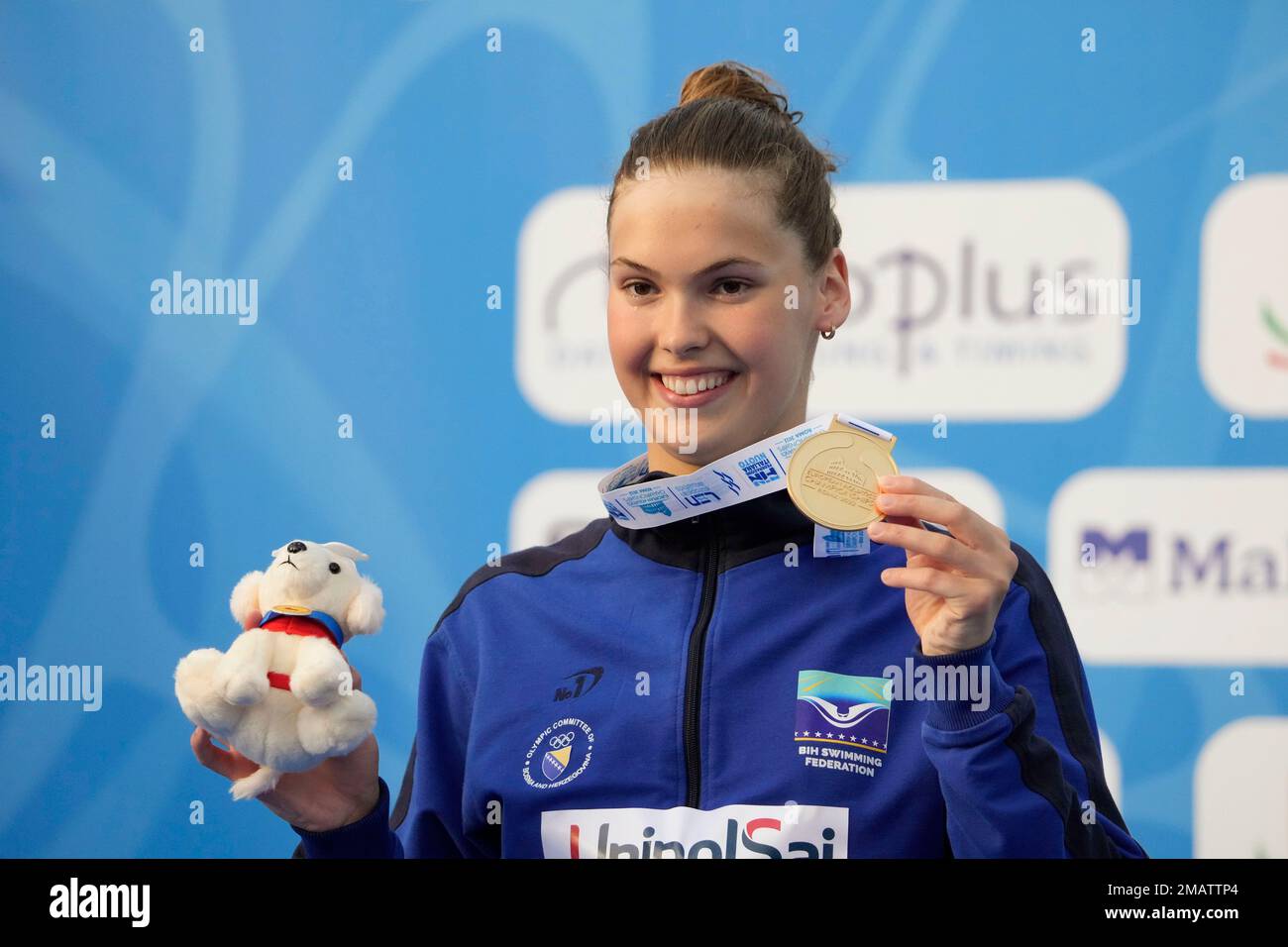 Lana Pudar of Bosnia and Erzegovina holds her gold medal on the podium of the 200m butterfly ...