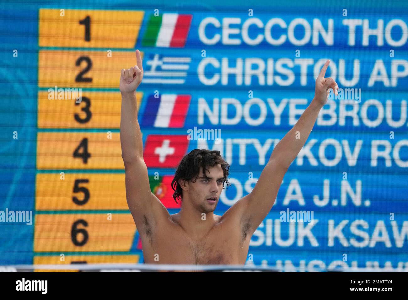Thomas Ceccon of Italy celebrates after winning in the Men's 100m ...