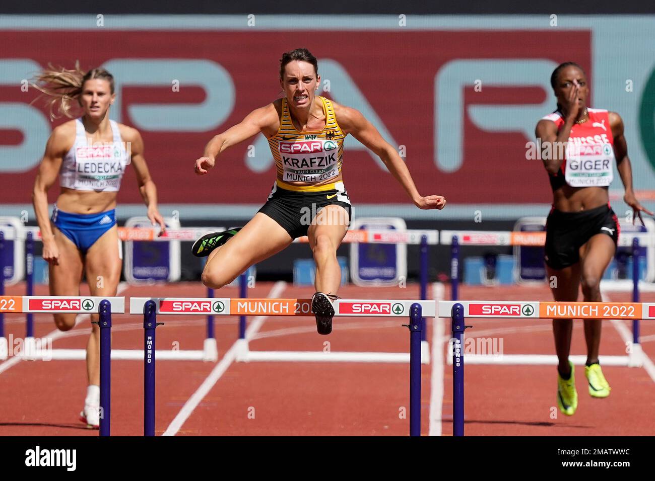 Carolina Krafzik, of Germany, competes in a Women's 400 meters hurdles ...