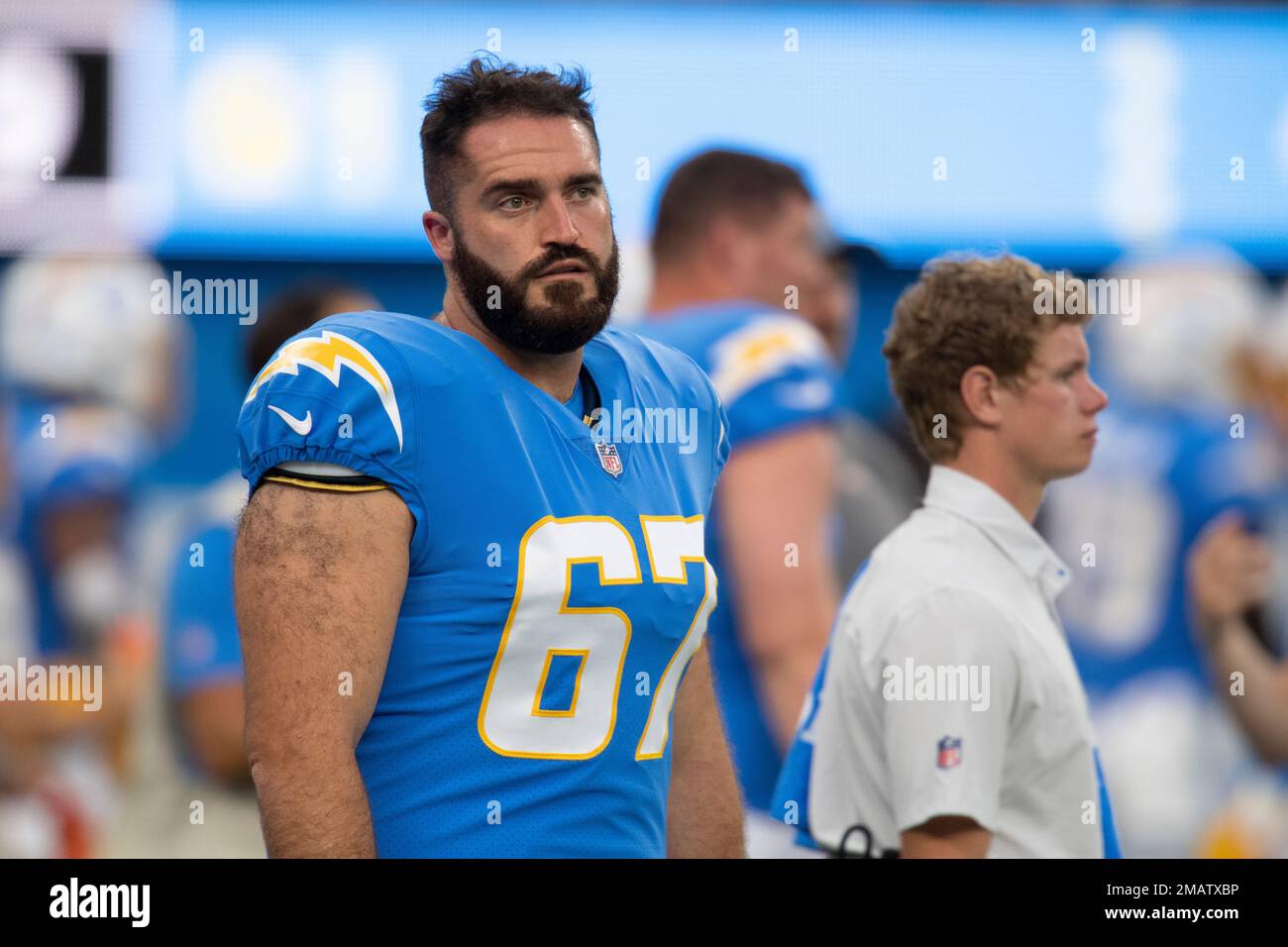 Los Angeles Chargers Ryan Hunter (67) seen with his helmet off before ...
