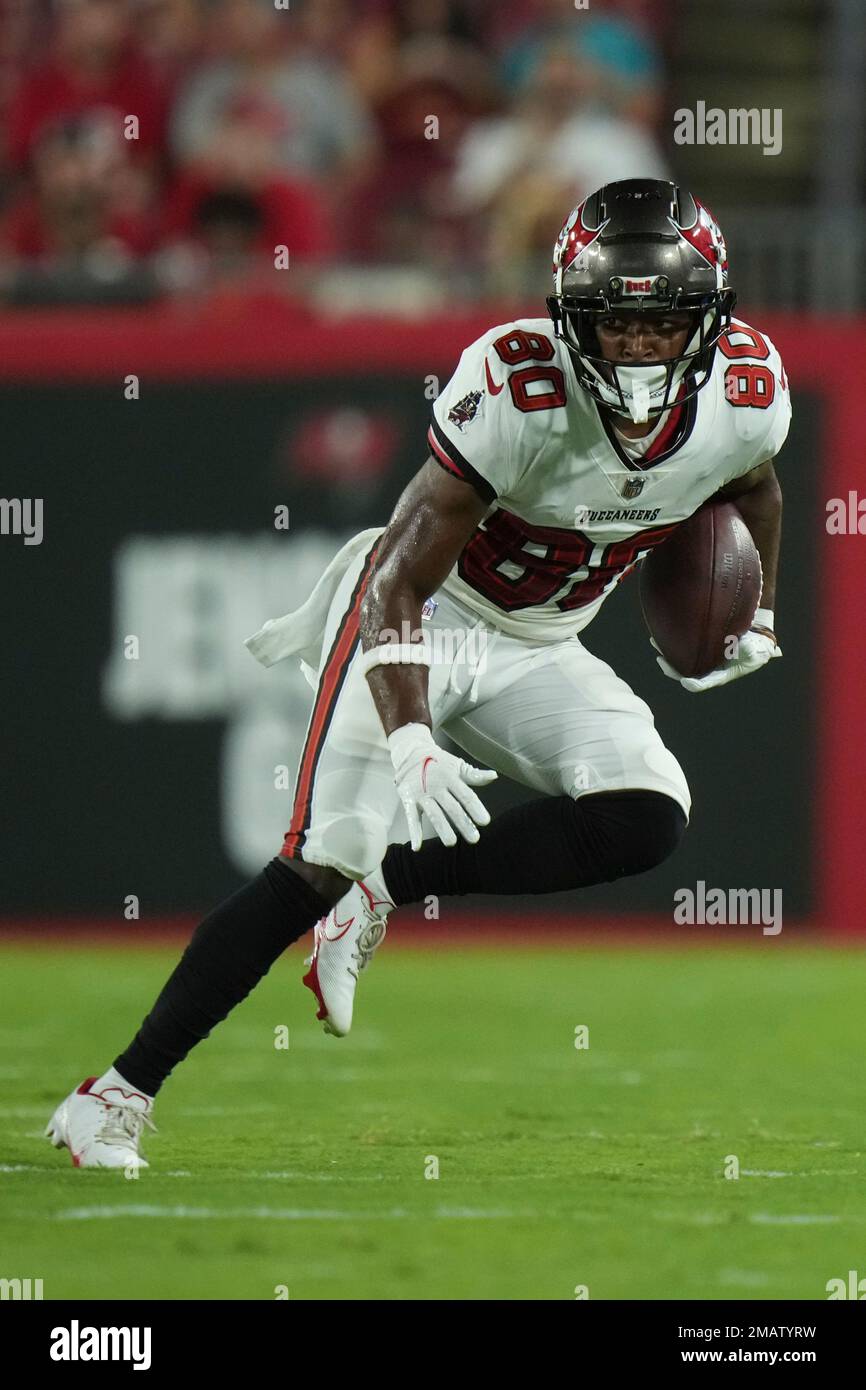 Tampa Bay Buccaneers wide receiver Kaylon Geiger (80) runs after the ...