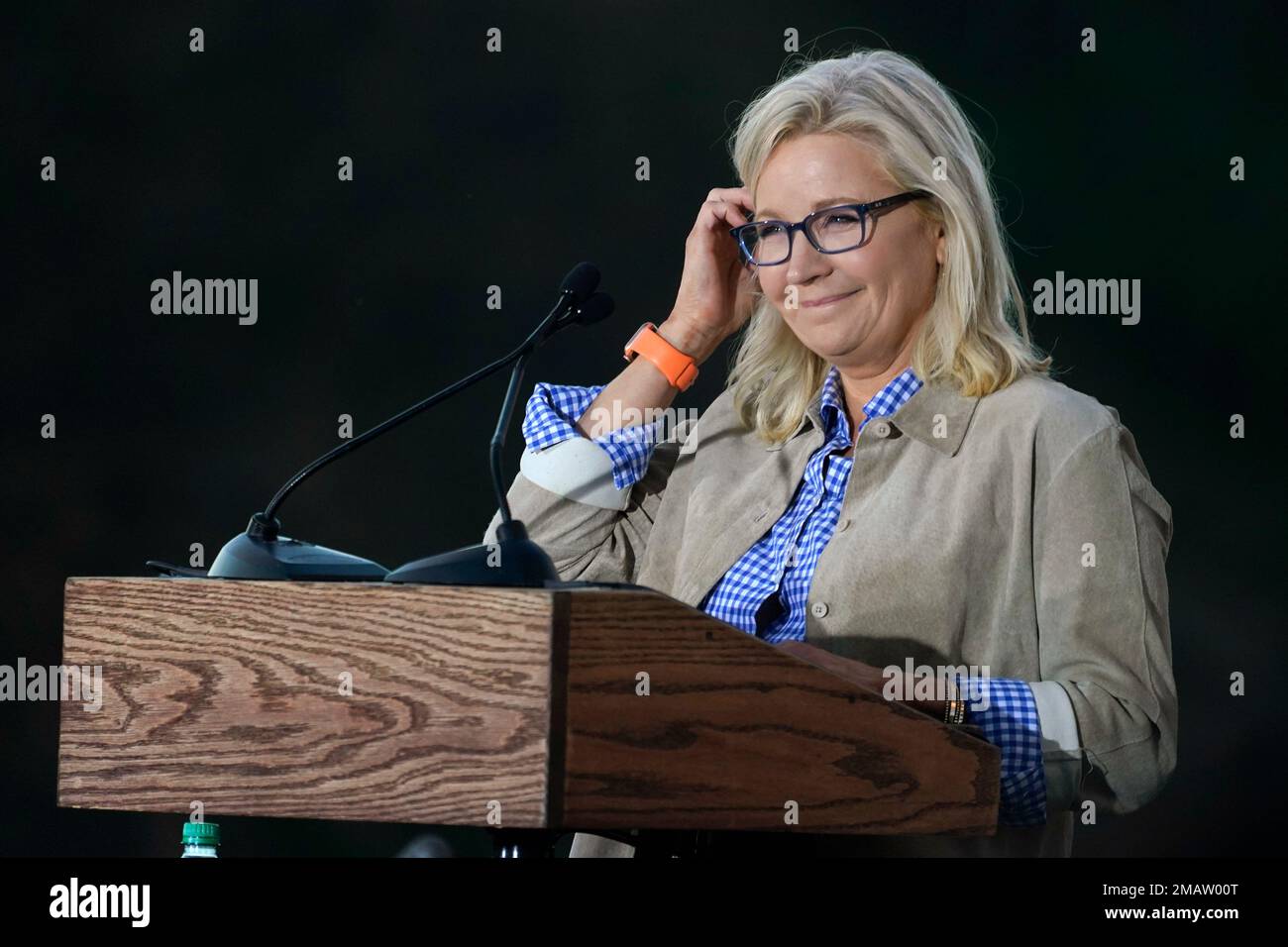 Rep. Liz Cheney, R-Wyo., pauses as she speaks Tuesday, Aug. 16, 2022 ...