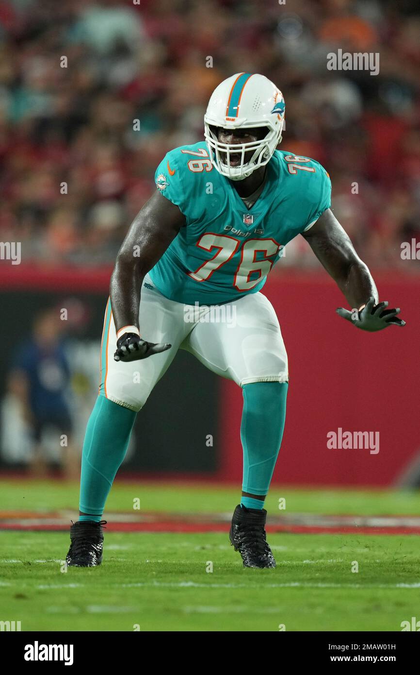 Miami Dolphins offensive tackle Kion Smith (76) protects his lane ...