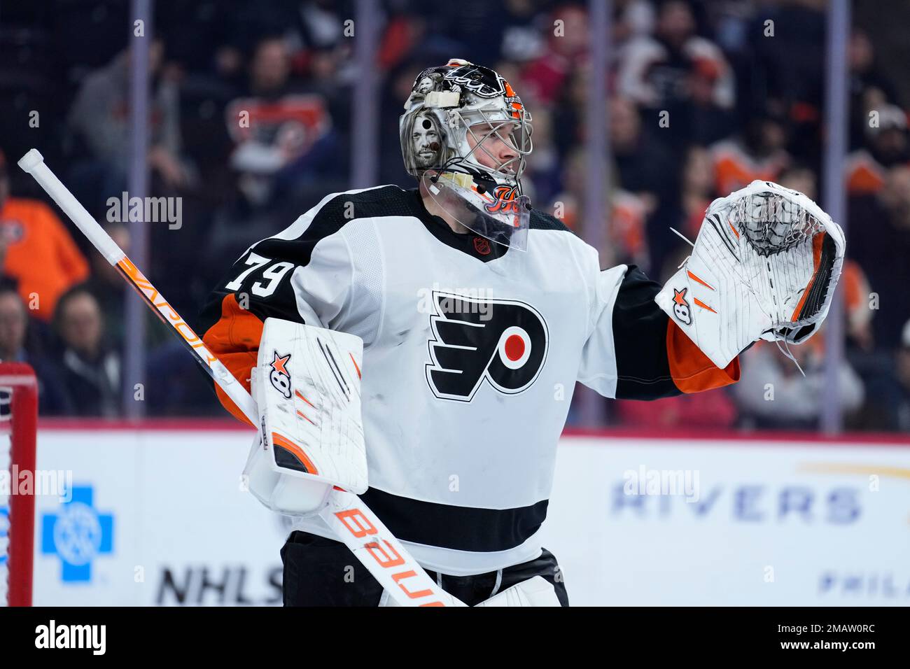 Philadelphia Flyers' Carter Hart plays during an NHL hockey game ...