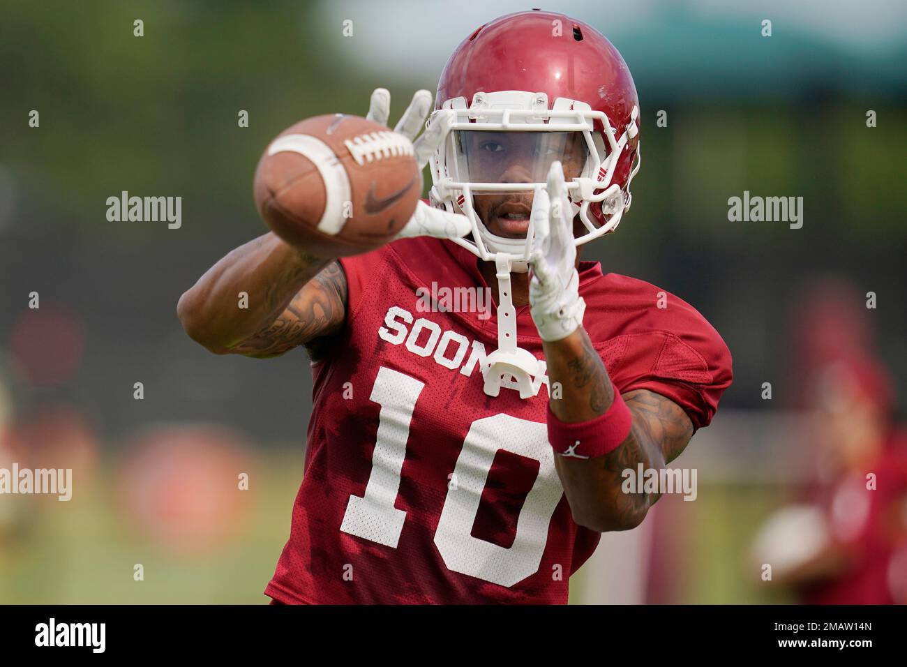 Oklahoma's Theo Wease during an NCAA college football practice Tuesday ...