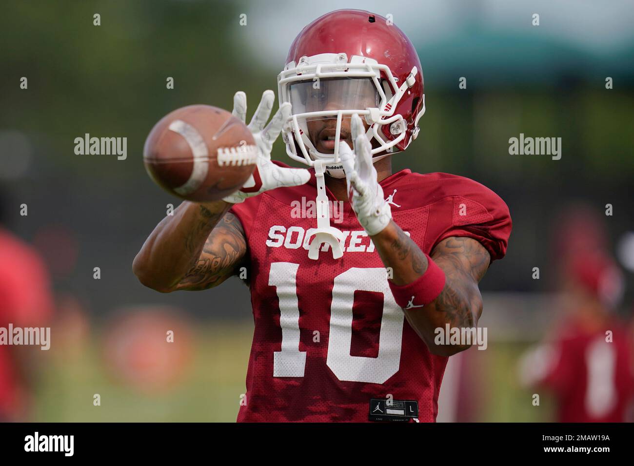 Oklahoma's Theo Wease during an NCAA college football practice Tuesday ...