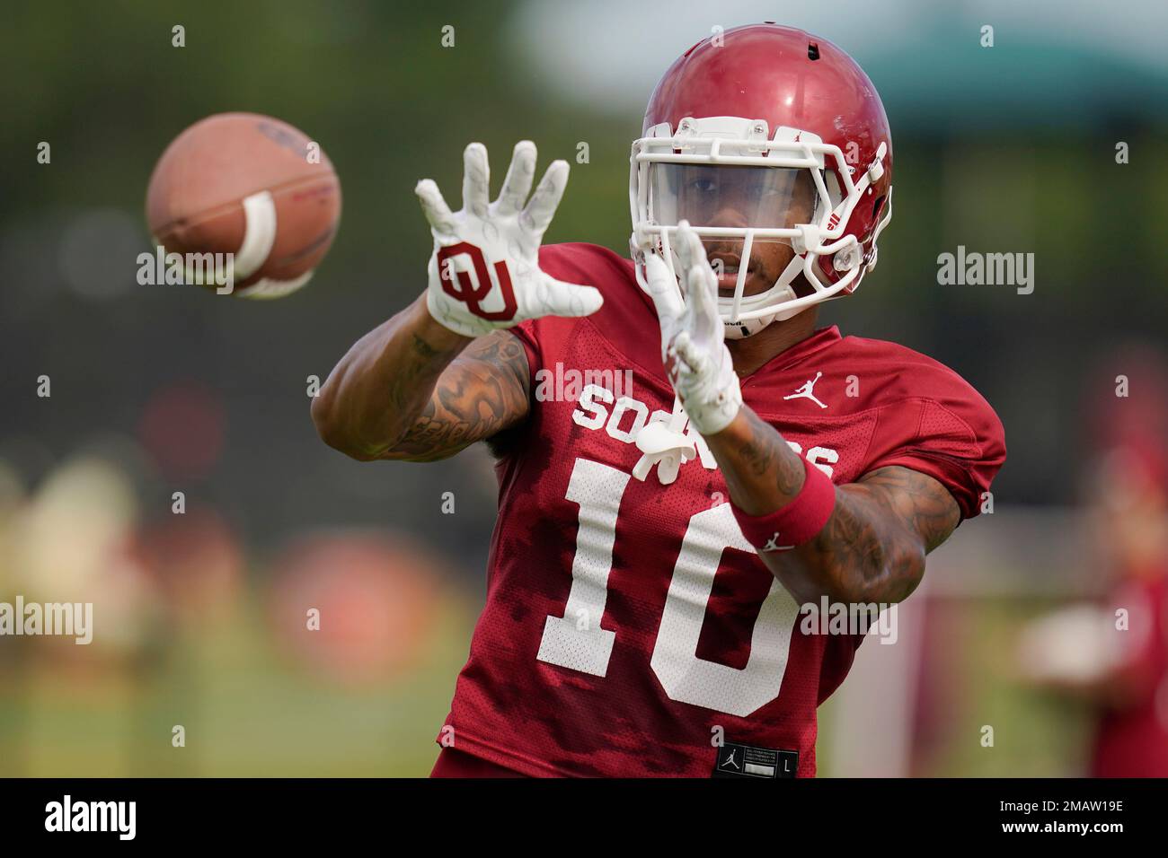 Oklahoma's Theo Wease during an NCAA college football practice Tuesday ...