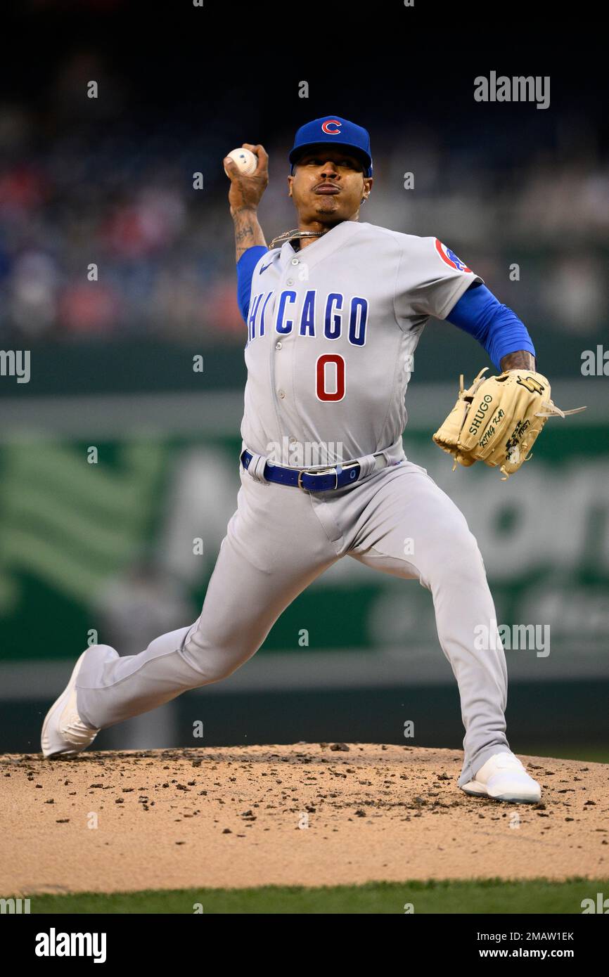 Chicago Cubs starting pitcher Marcus Stroman (0) in action during a ...