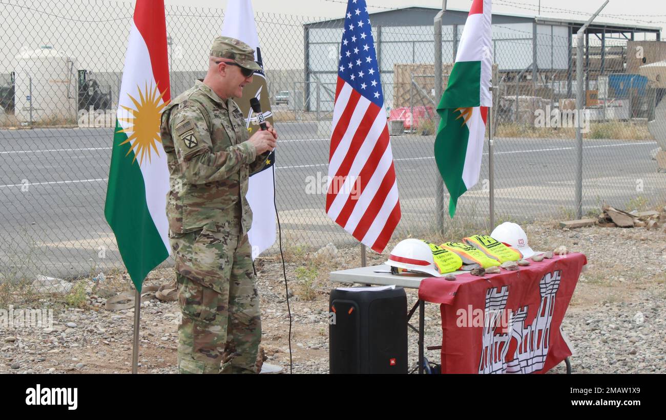 Colonel Brian Ducote, the Commander for Task Force Warrior, speaks to ...
