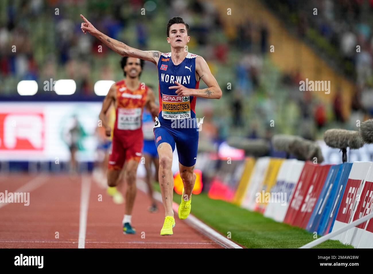 Jakob Ingebrigtsen, of Norway, crosses the finish line to win the Men's ...