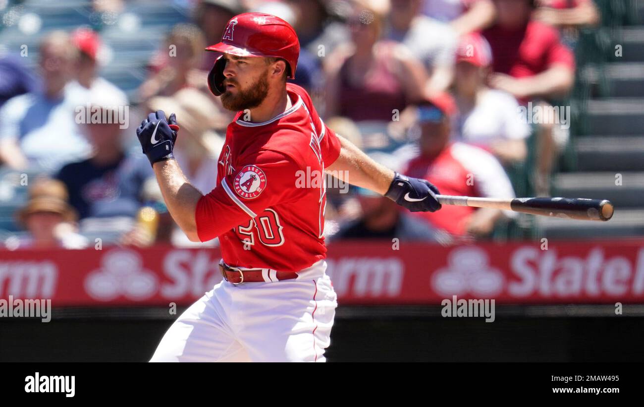 Los Angeles Angels' Jared Walsh bats during a baseball game against the ...