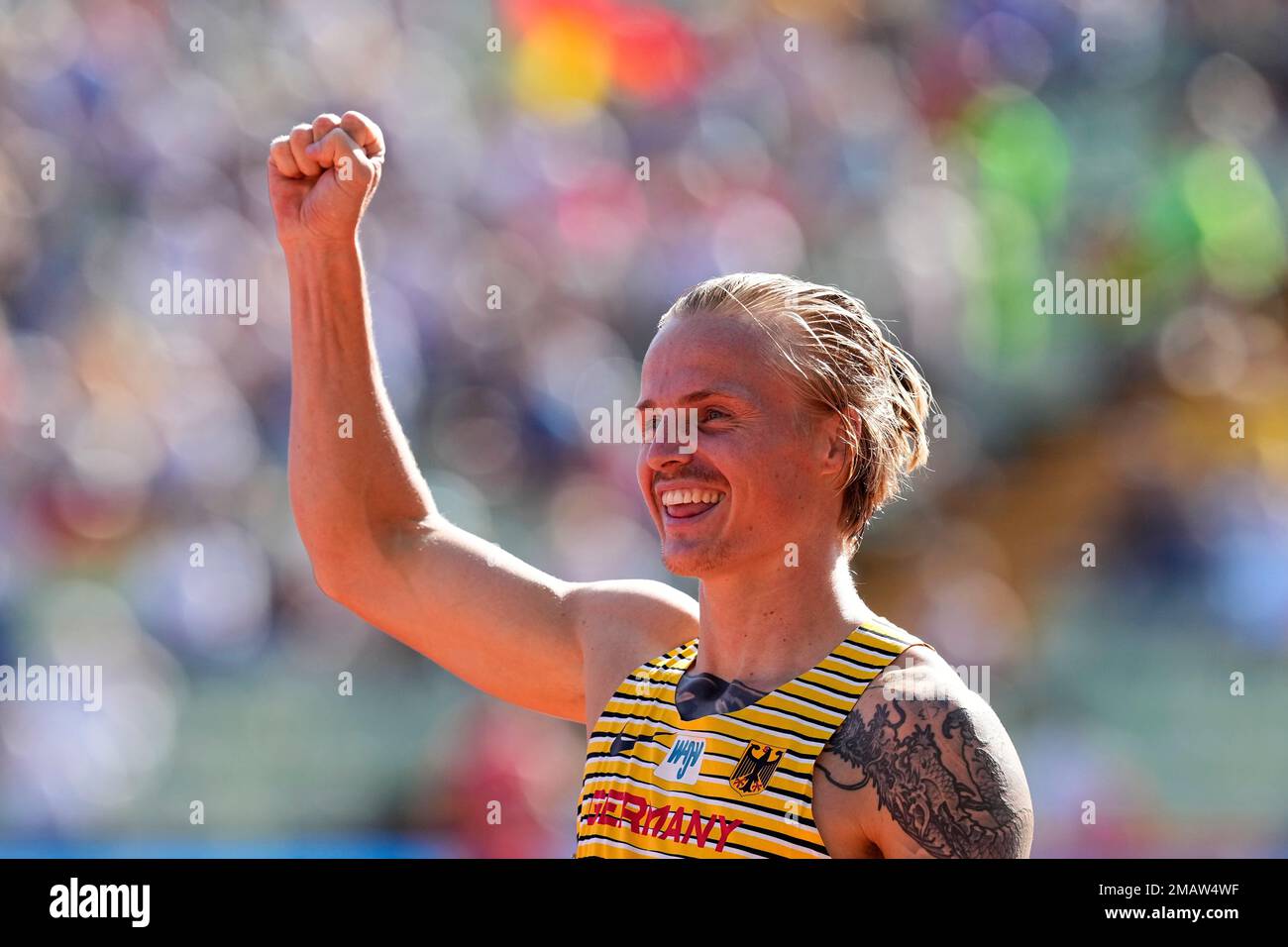 Gregor Traber, of Germany, reacts after winning a Men's 110 meters ...