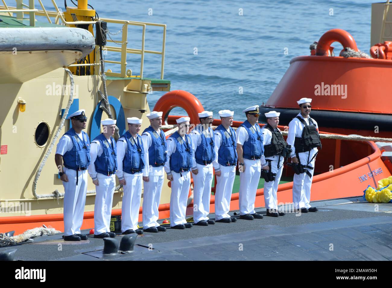 San Diego (June 05, 2022) Sailors stand aboard the Los Angeles-class ...