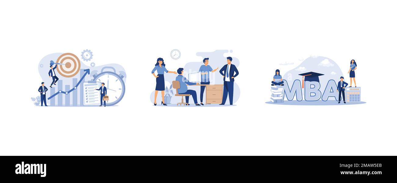 Tiny people with clock, checklist and target, Business team discussing ...