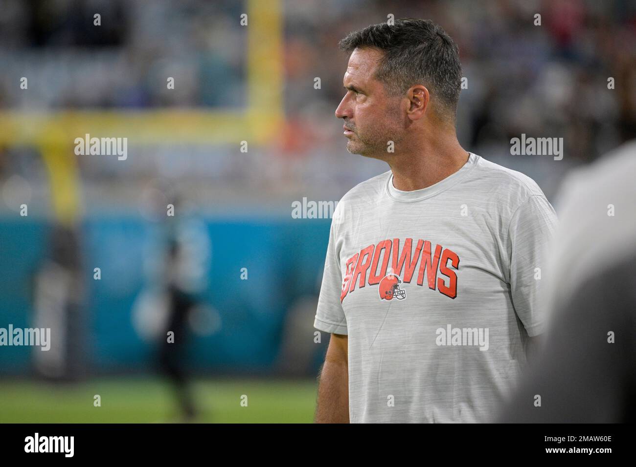 Cleveland Browns special teams coordinator Mike Priefer watches from ...