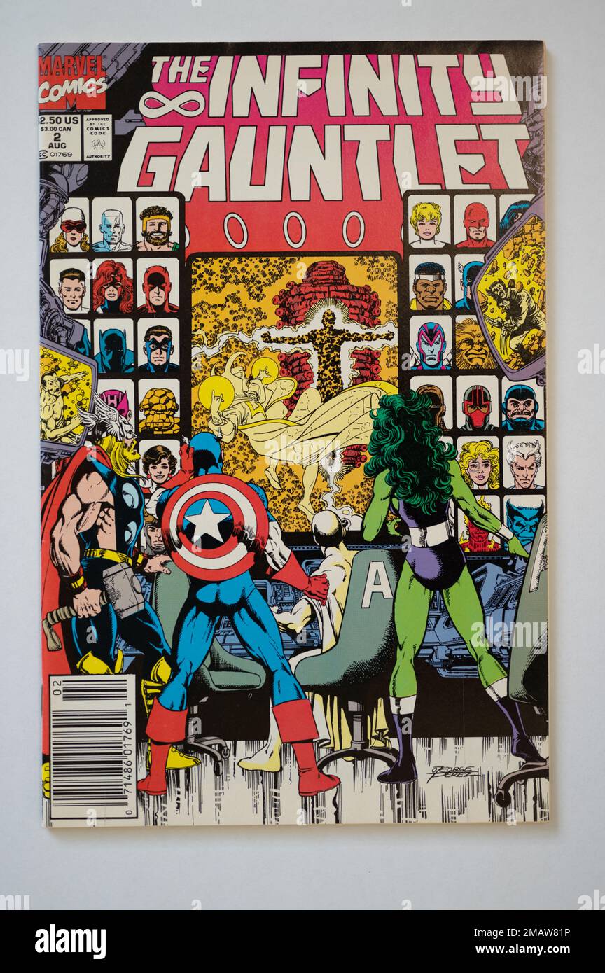 Calgary, Alberta - January 14, 2023: Cover of a vintage Marvel Comics Infinity Gauntlet comic ...