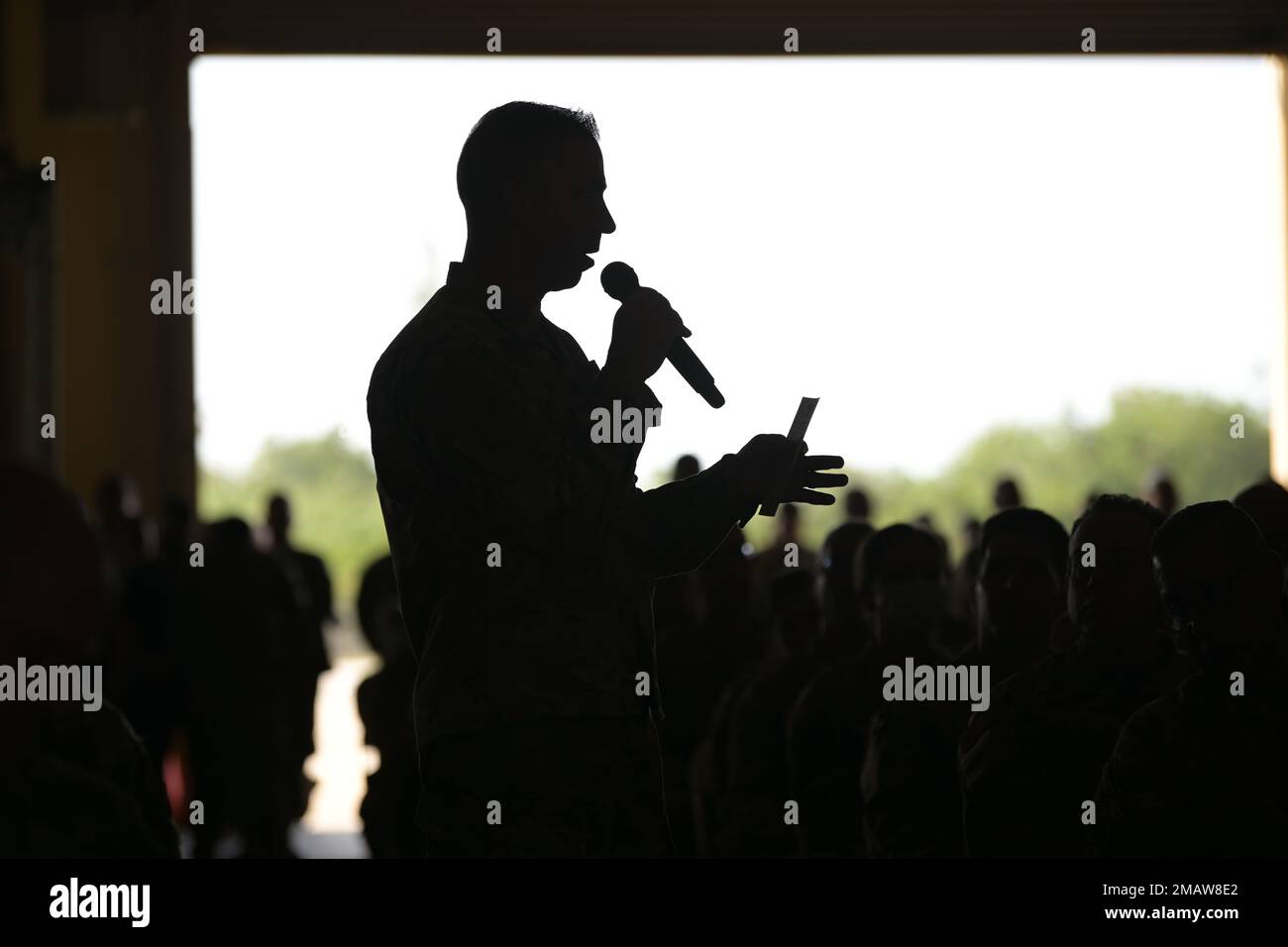 U.S. Air Force Col. Pete Boone, commander, 156th Wing, speaks to Airmen ...
