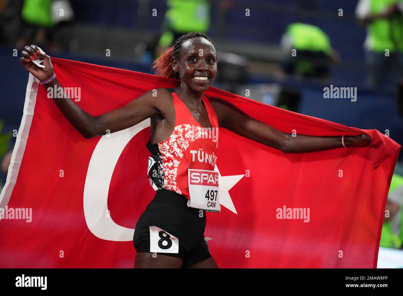 Yasemin Can, of Turkey, celebrates after winning the gold medal in the ...