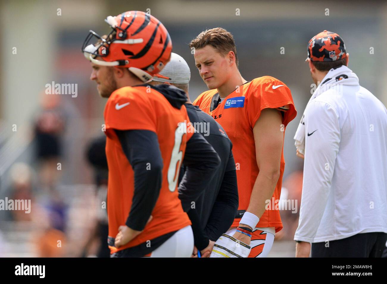 Cincinnati Bengals' Joe Burrow stands on the field during a practice at ...