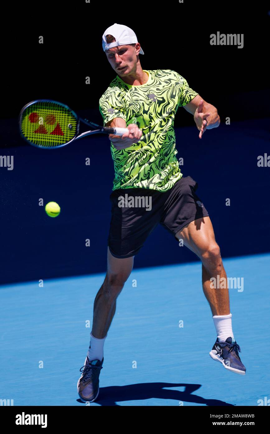 Melbourne, Australia. 20th Jan, 2023. Marton FUCSOVICS of Hungary in action against 15th seed ...