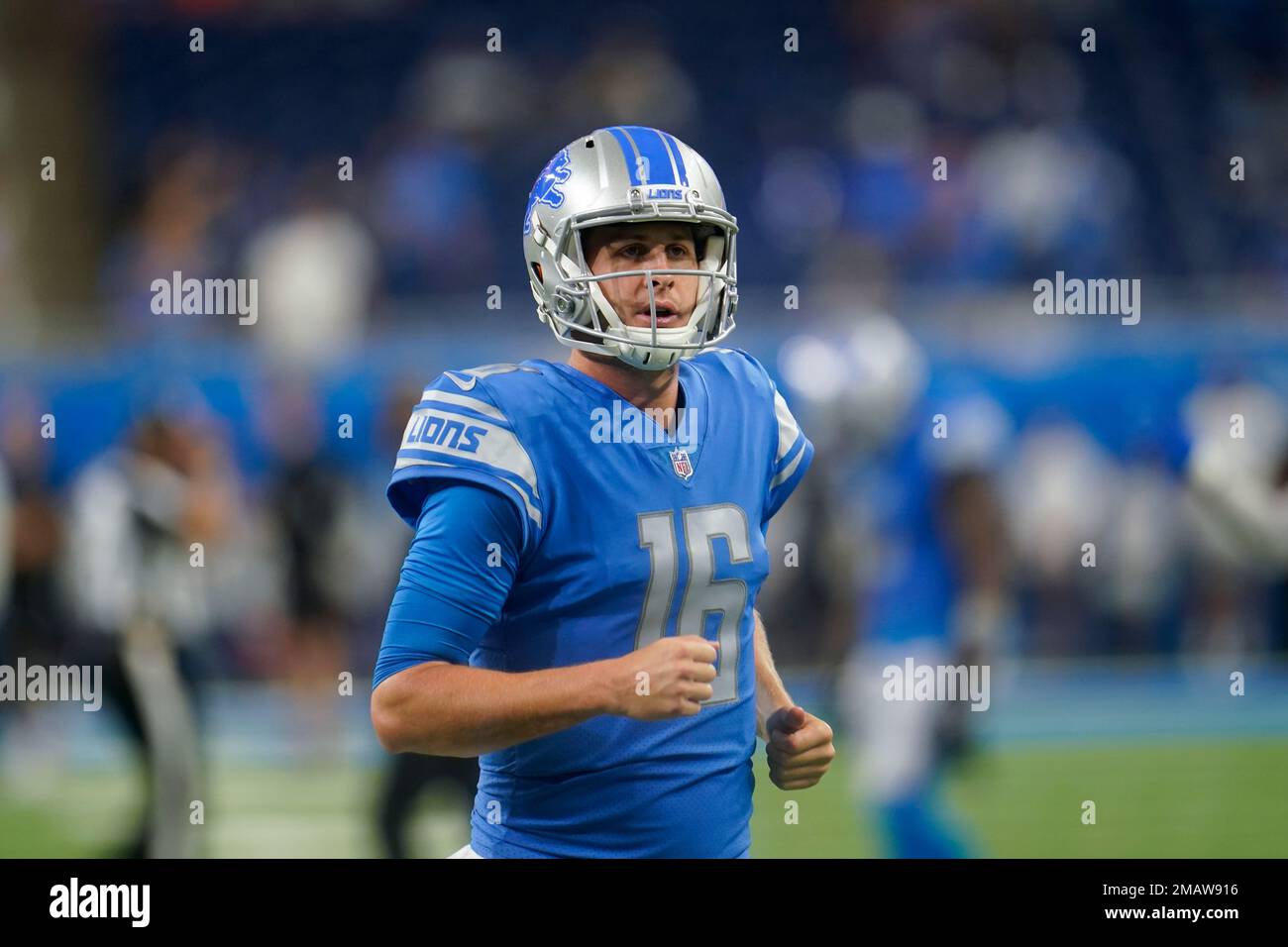 Detroit Lions quarterback Jared Goff runs onto the field before a ...