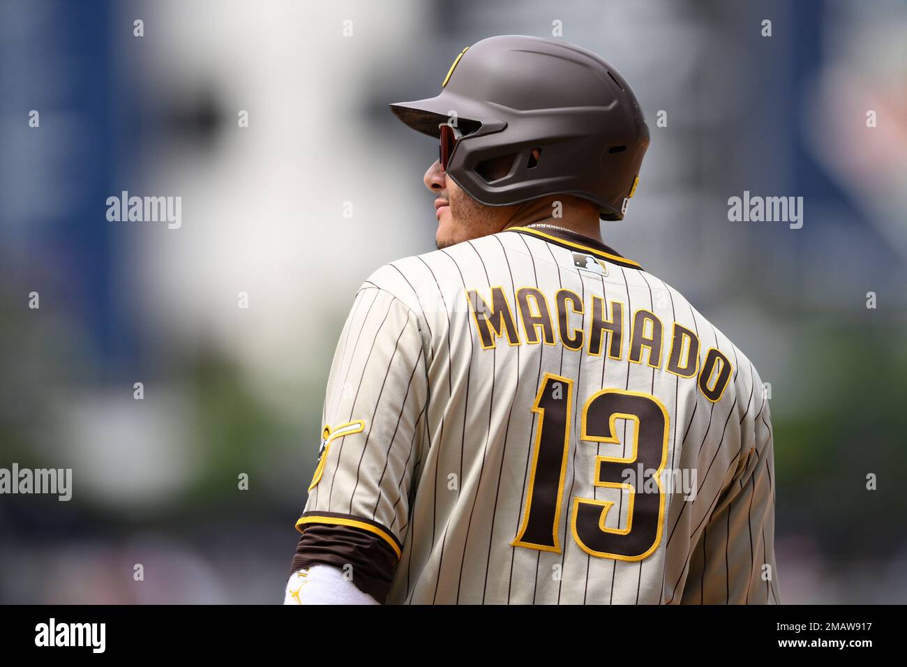 San Diego Padres' Manny Machado looks on during a baseball game against ...