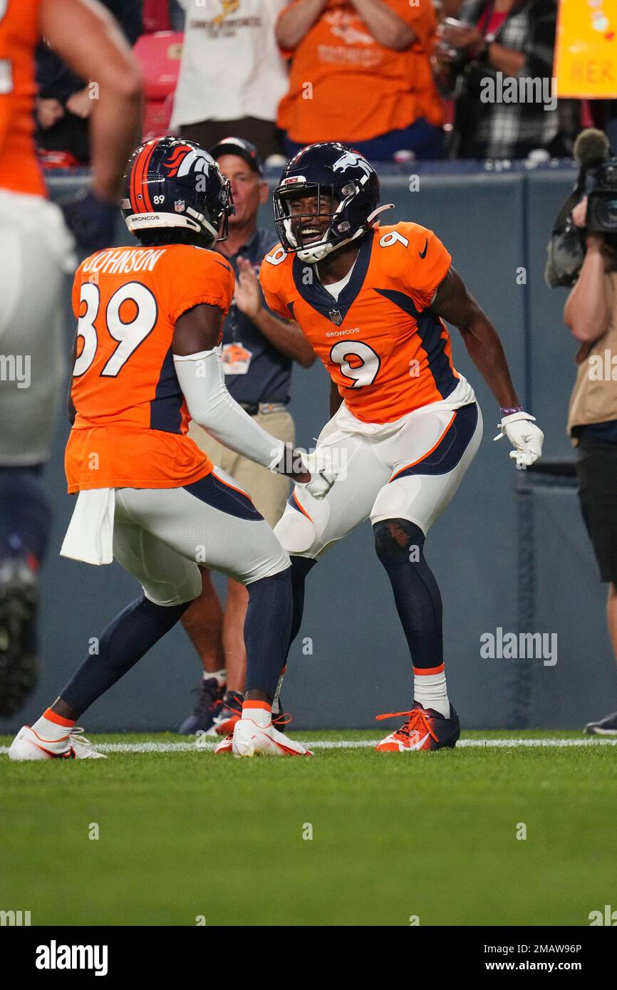 Denver Broncos wide receiver Kendall Hinton (9) catches a touchdown ...