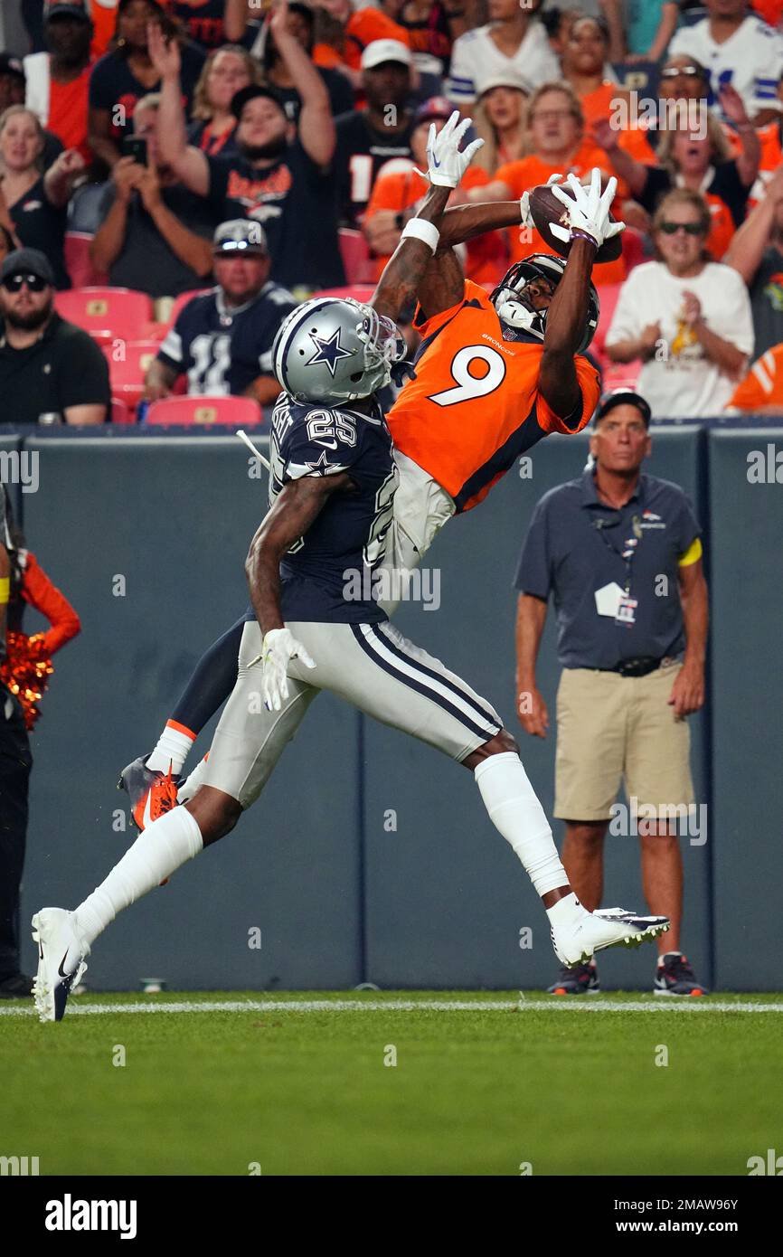 Denver Broncos wide receiver Kendall Hinton (9) catches a touchdown ...