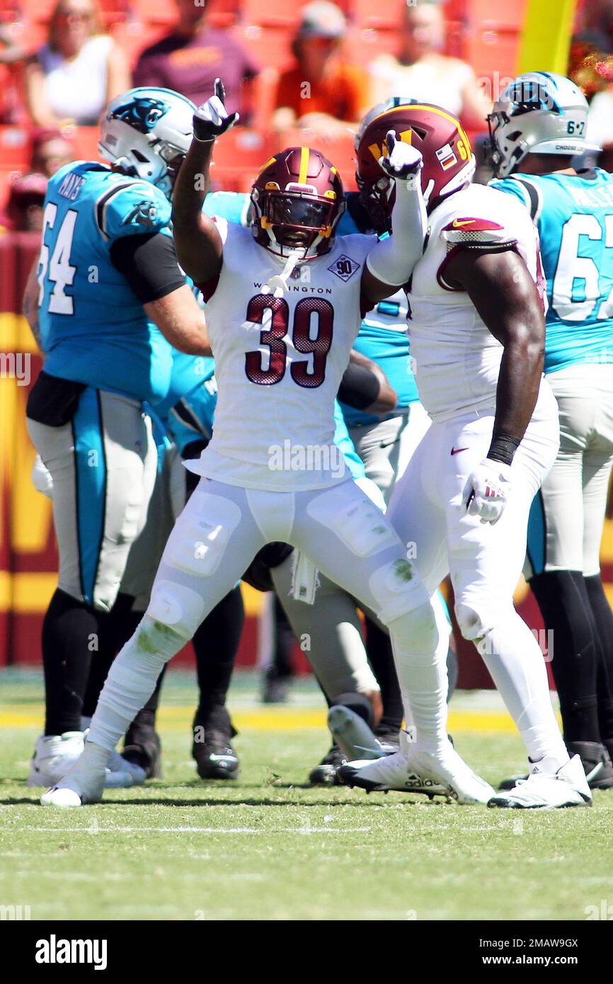 Washington Commanders safety Jeremy Reaves (39) celebrates during an ...