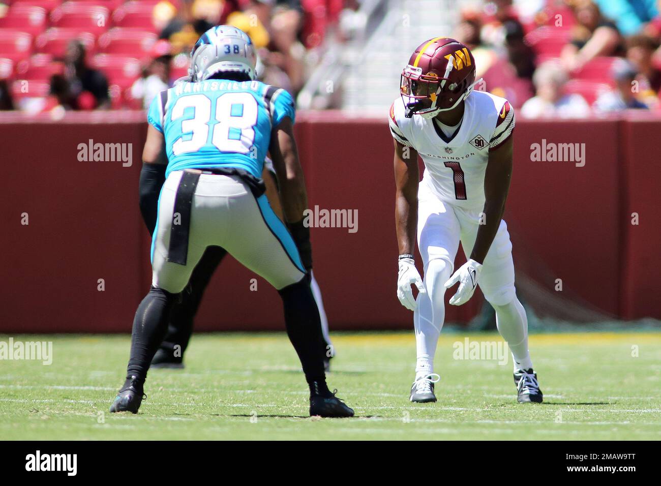 Washington Commanders wide receiver Jahan Dotson (1) lines up against ...