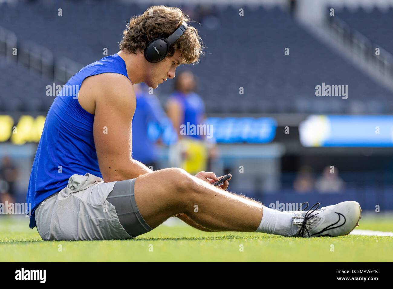 Running back (34) Jake Funk of the Los Angeles Rams warms up before ...