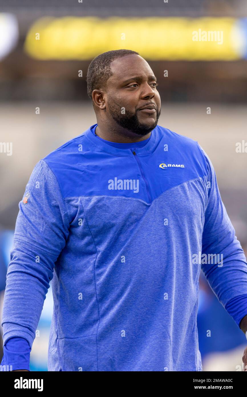 Defensive line coach Eric Henderson of the Los Angeles Rams coaches ...