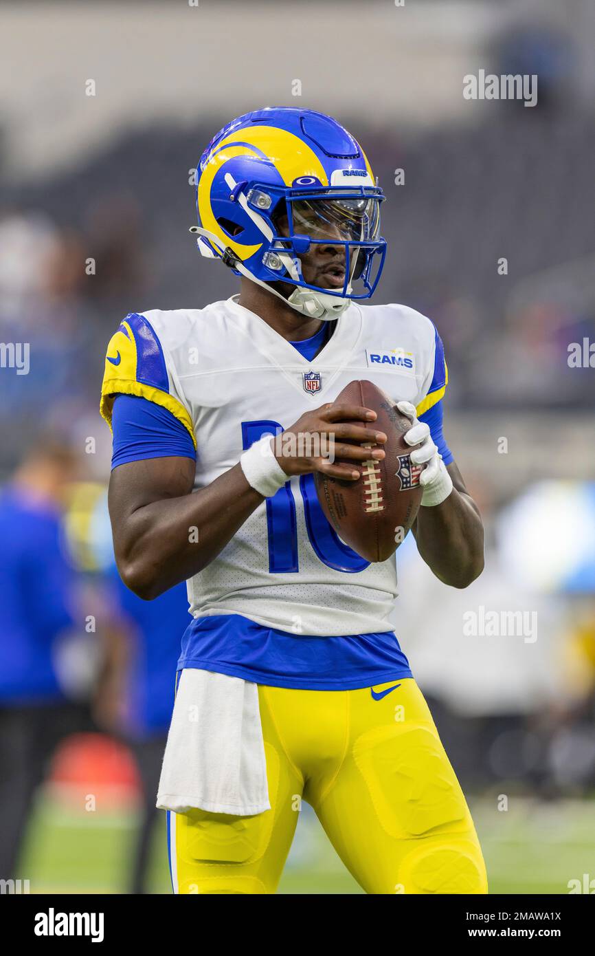 Quarterback (16) Bryce Perkins of the Los Angeles Rams warms up before ...