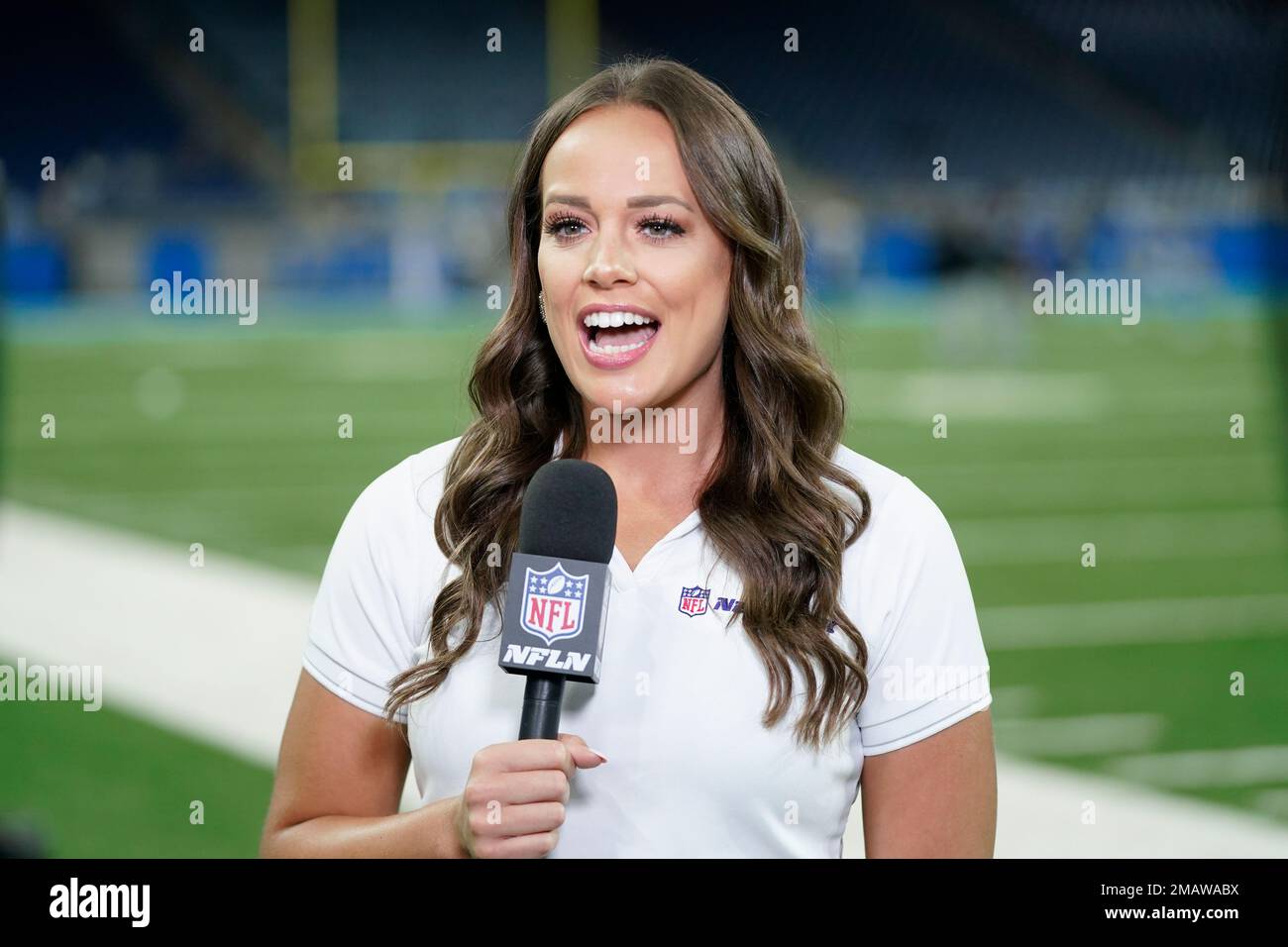 Bridget Condon, an NFL Network sideline reporter, talks before a ...