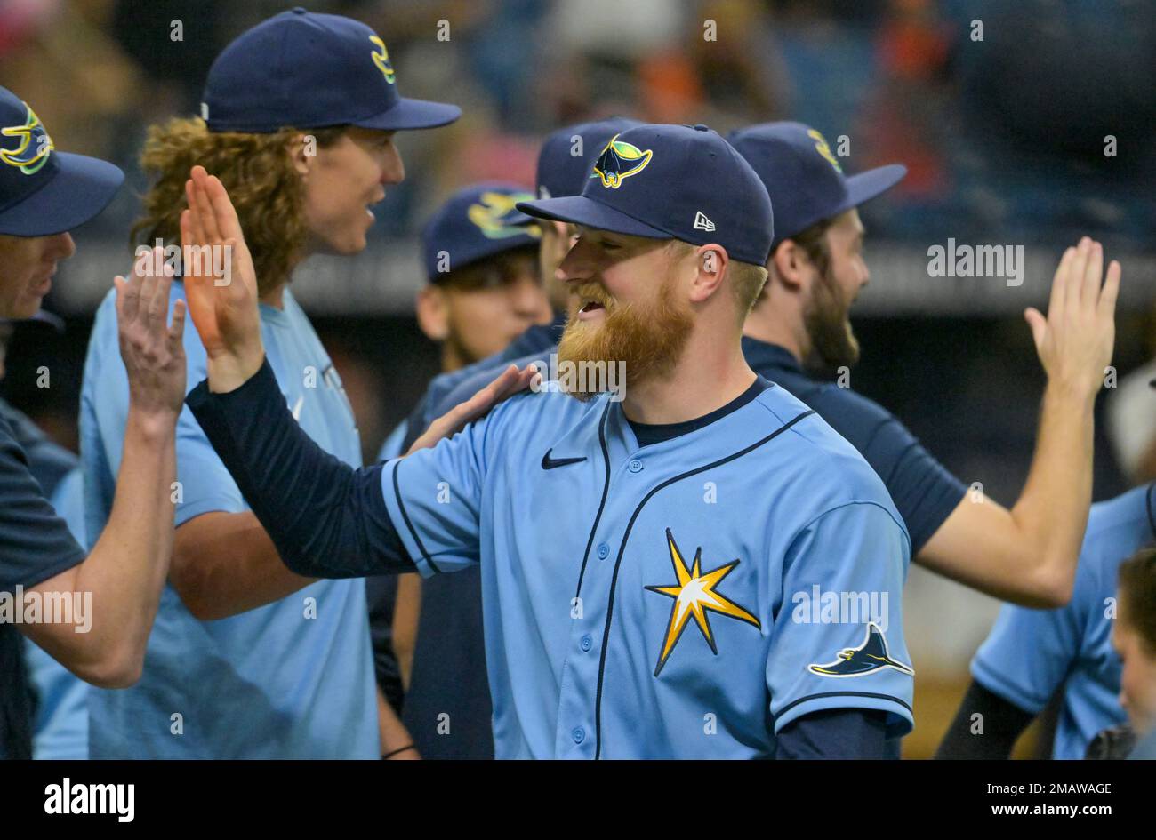 Tampa Bay Rays' Drew Rasmussen celebrates a 4-1 win during a baseball ...