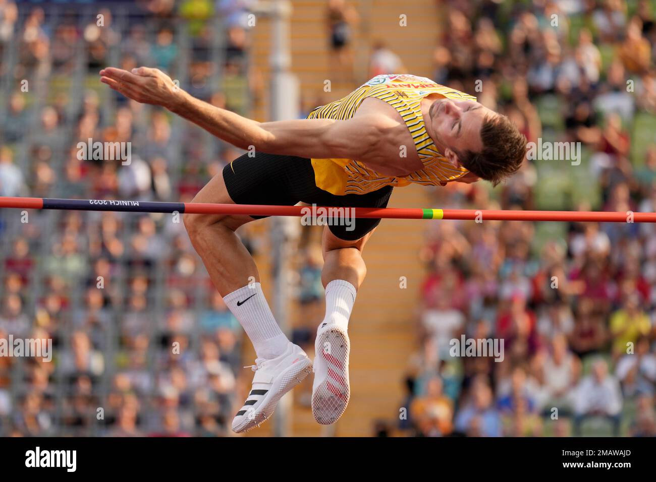 Niklas Kaul, of Germany, makes an attempt in the Men's decathlon high ...