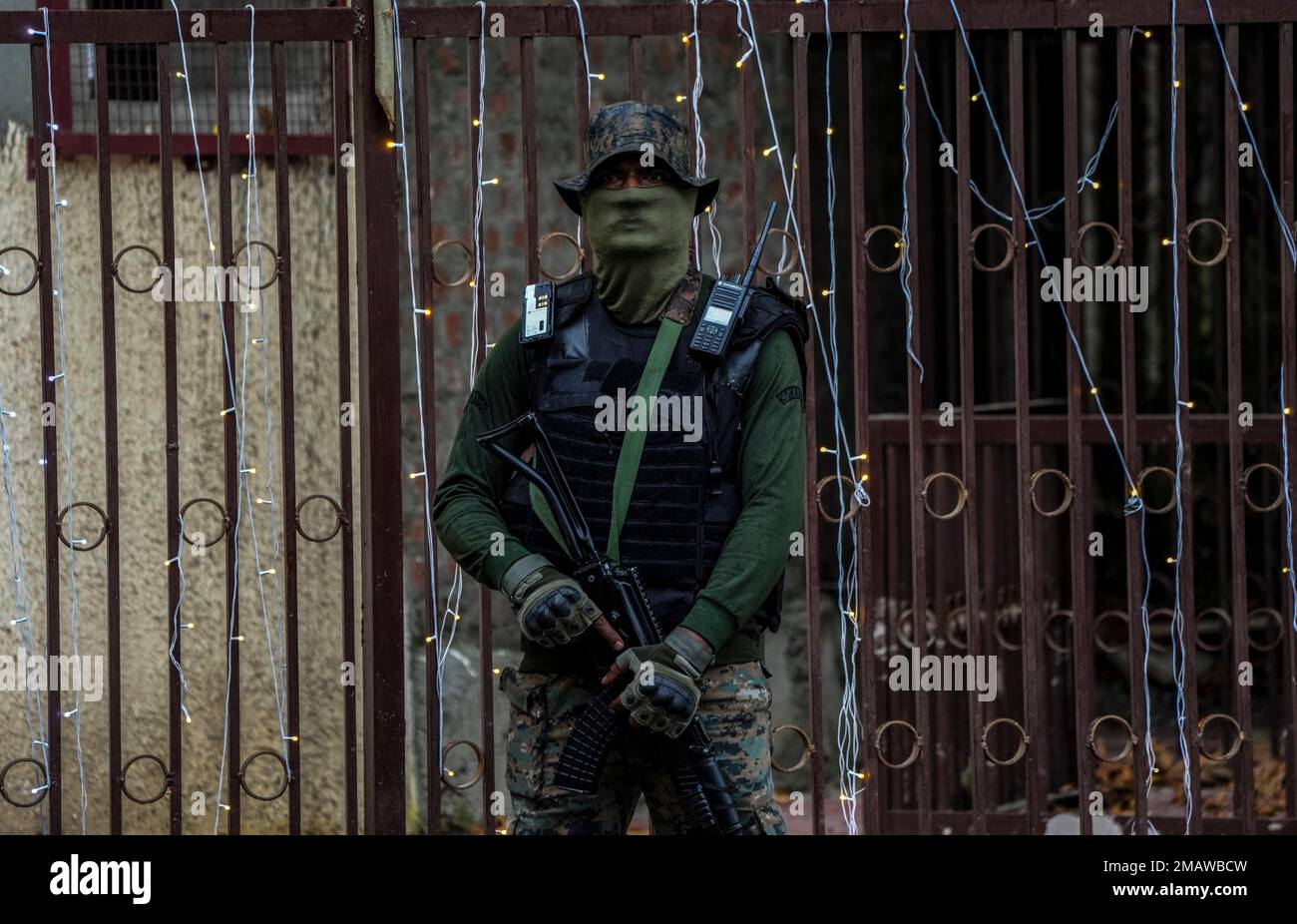 A Indian paramilitary soldier guards outside the venue of India's ...