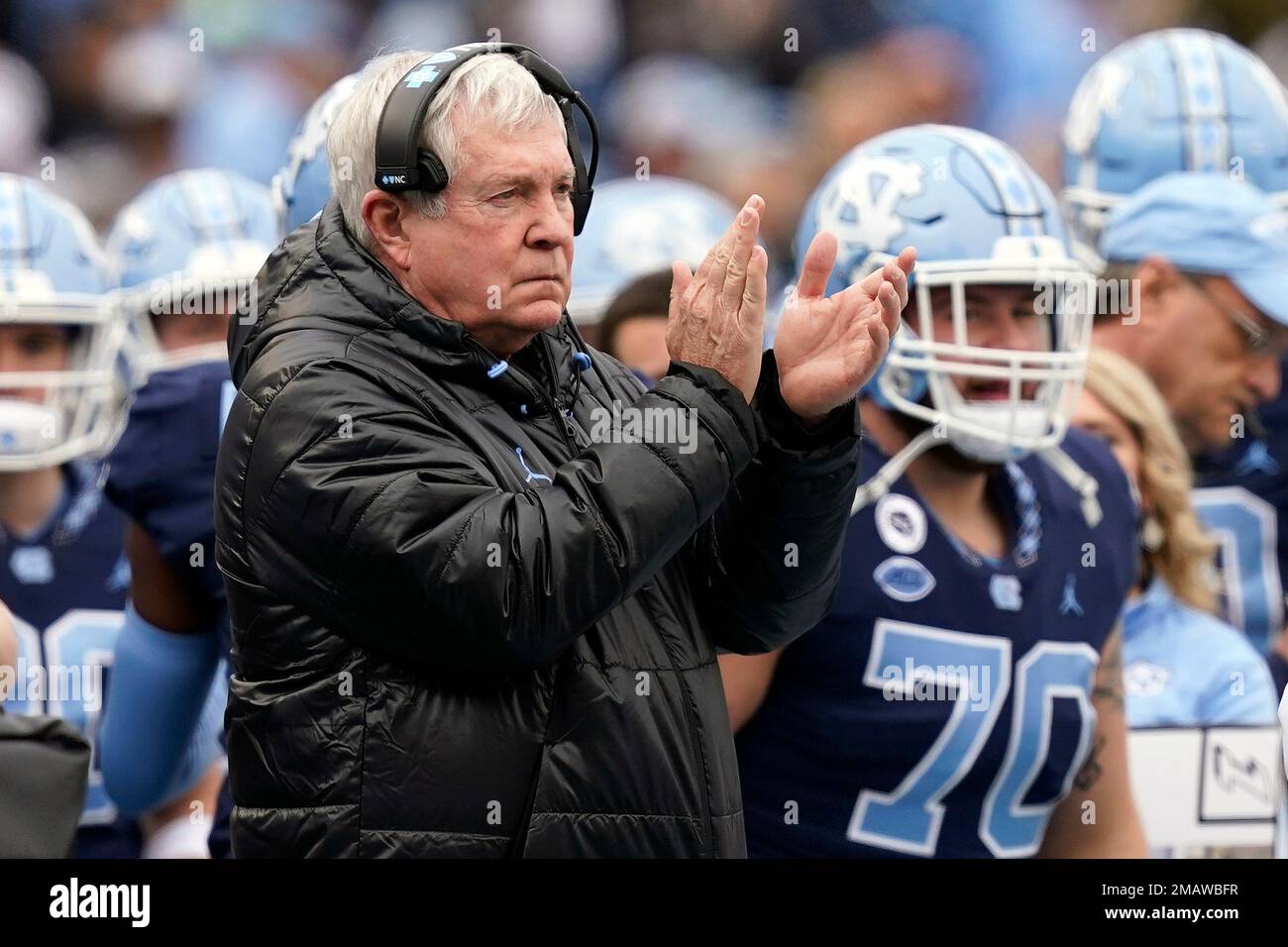FILE - North Carolina head coach Mack Brown looks on during the first half of an NCAA college ...