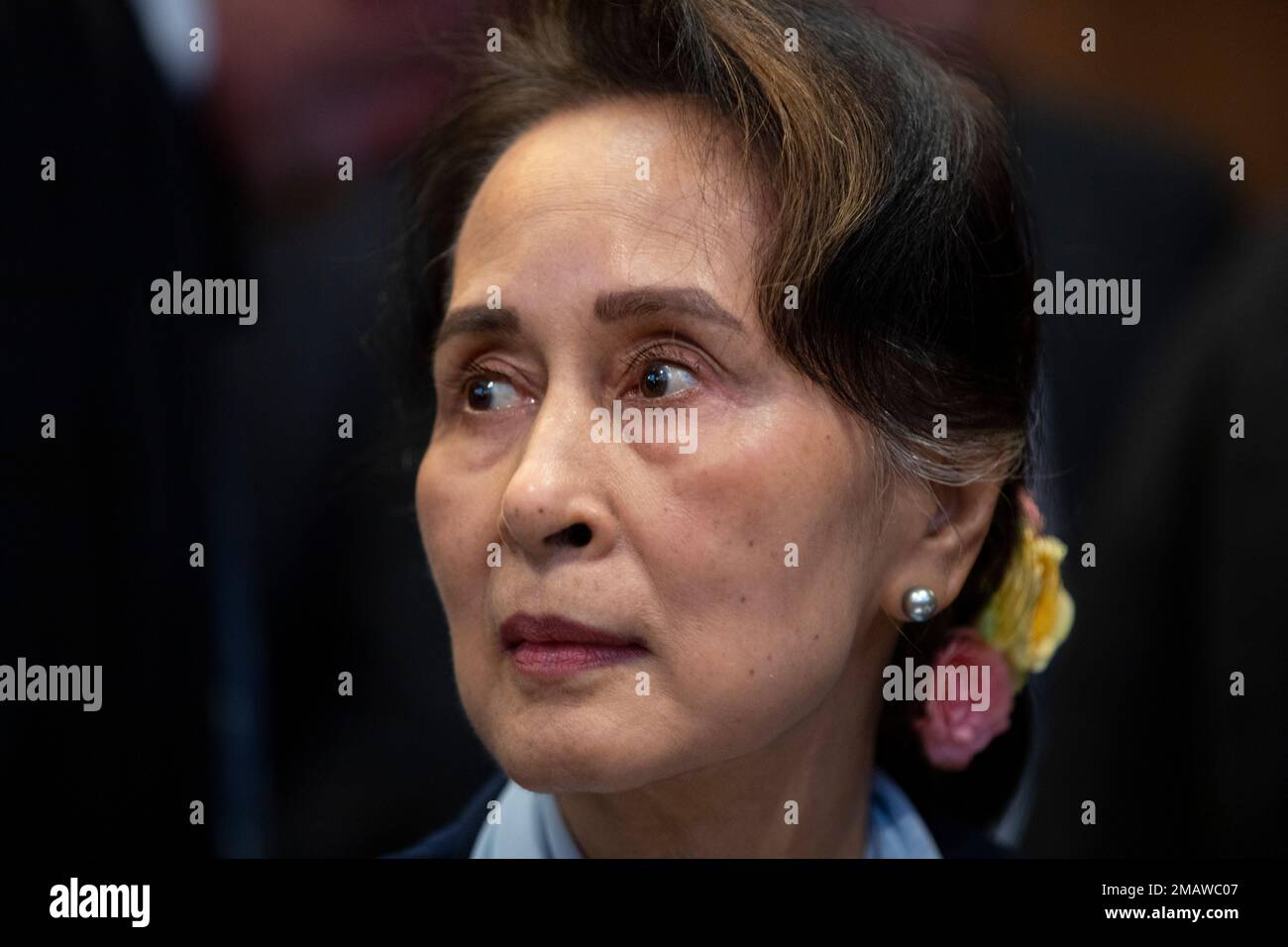 FILE - Myanmar's leader Aung San Suu Kyi waits to address judges of the ...