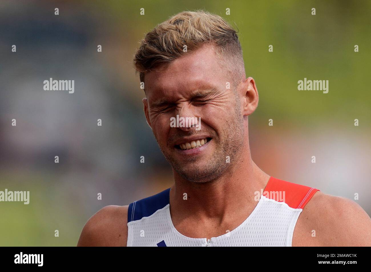 Kevin Mayer, of France, reacts after finishing his Men's decathlon 100 ...