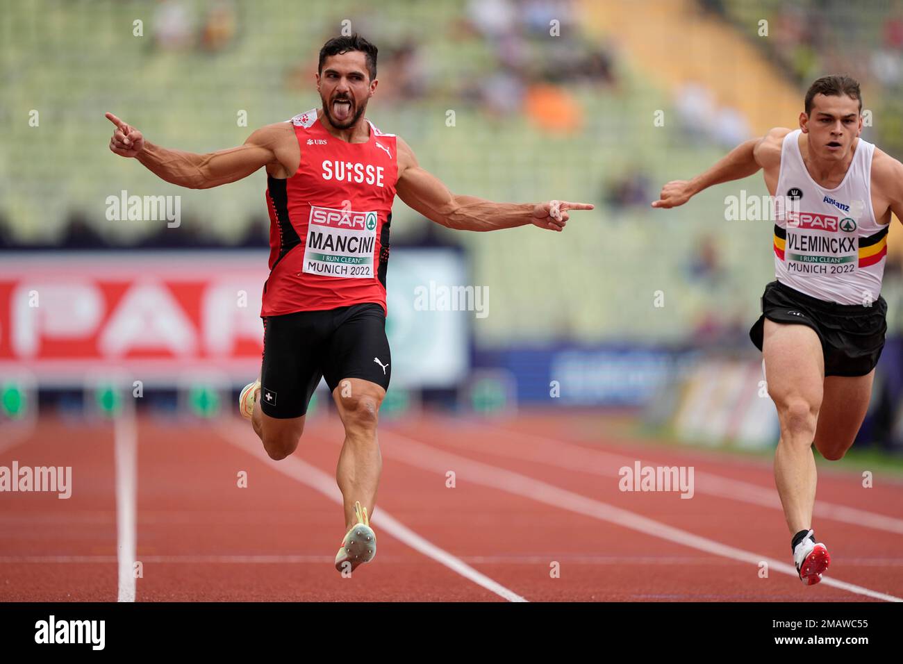 Pascal Mancini, of Switzerland, reacts after winning a Men's 100 meters ...