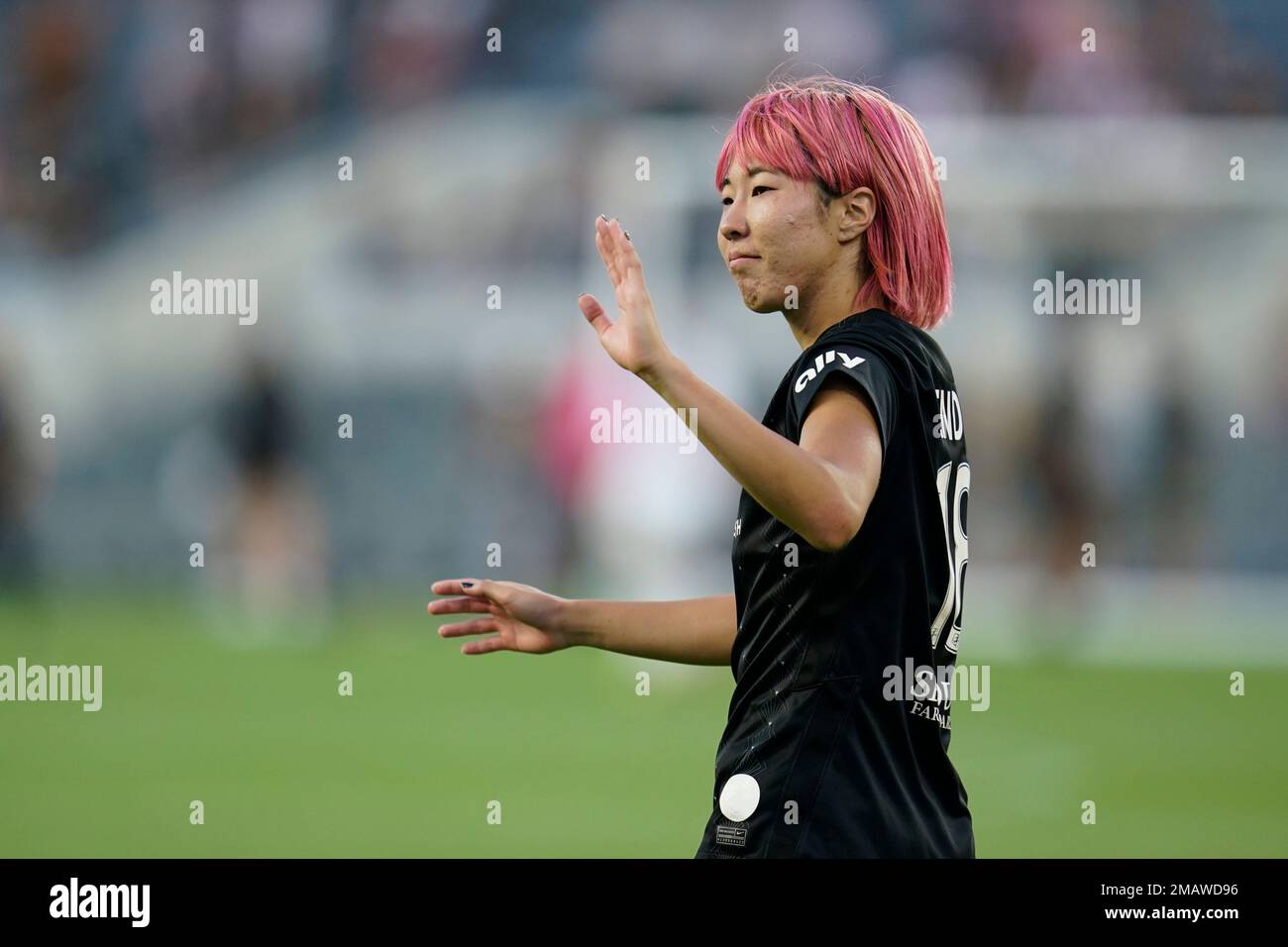 Angel City FC forward Jun Endo (18) waves to fans after their 1-0 win ...