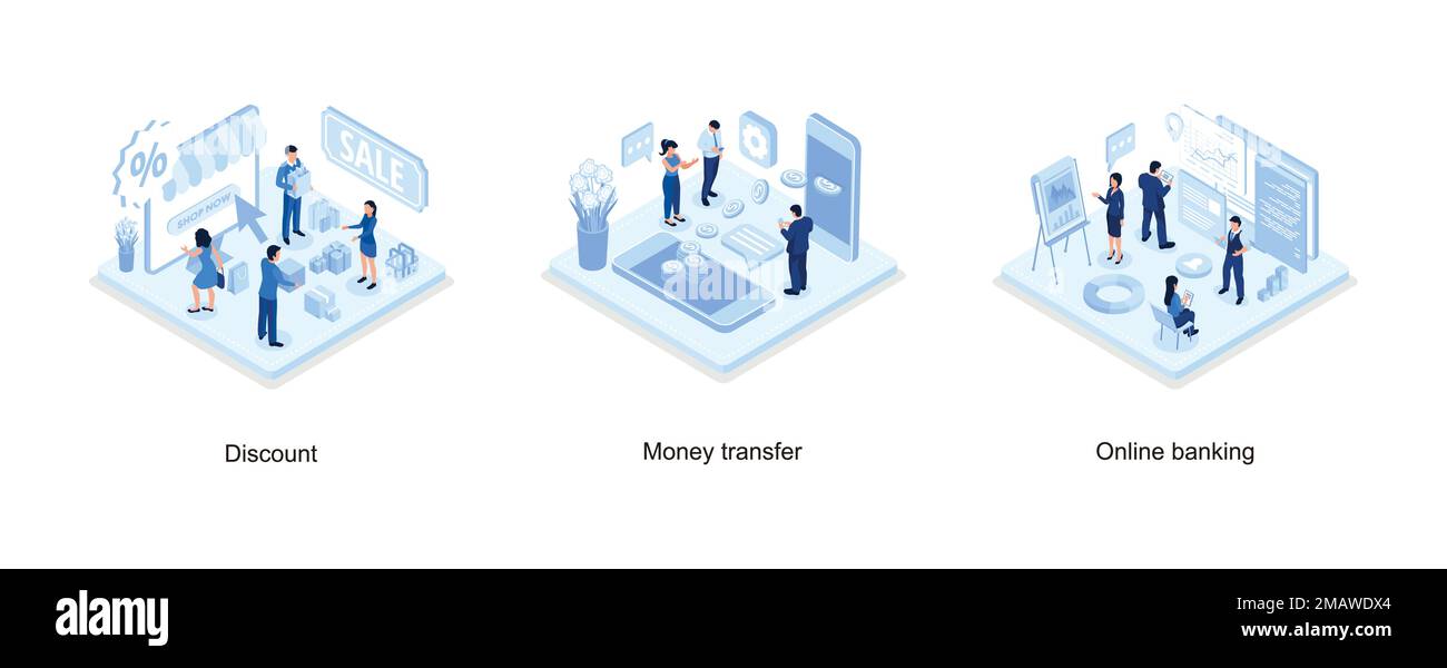 Character Standing near Shopping Discount Voucher, Money transfer ...