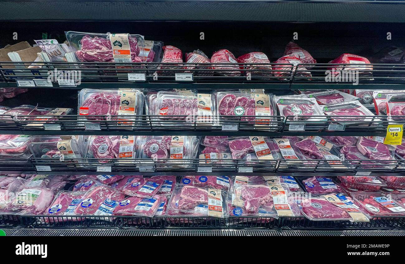 The meat section at a Woolworths Supermarket in Brisbane, Friday ...