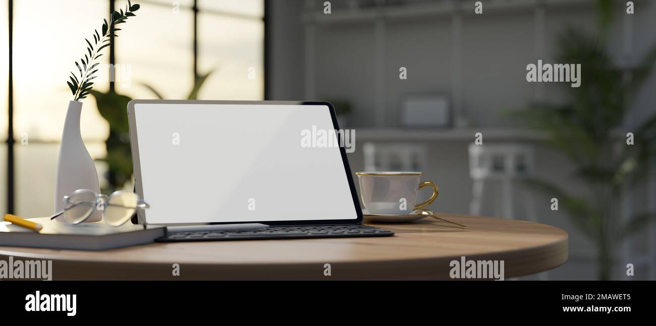 Portable digital tablet white screen mockup with wireless keyboard is ...