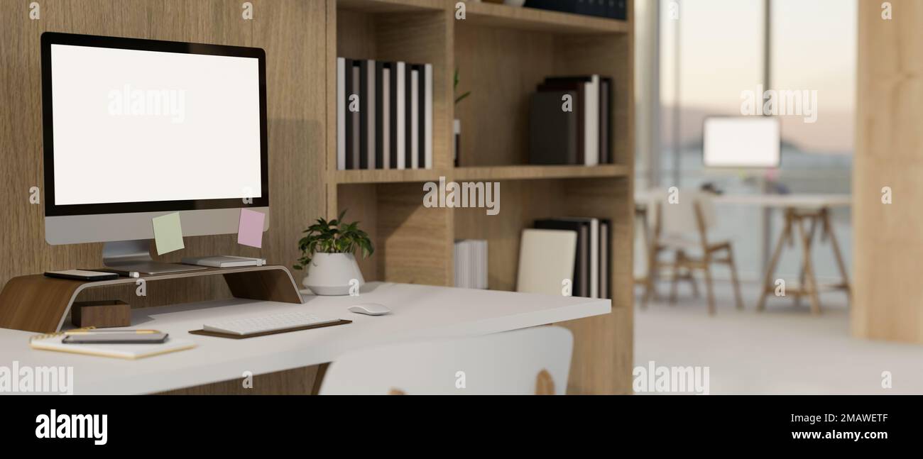 side view, Minimal and comfortable office workspace with PC desktop ...