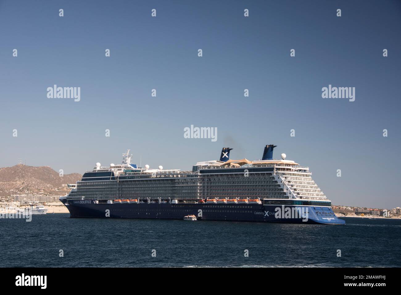 A cruise ship in the harbor of Cabo San Lucas on the Mexican Riviera ...