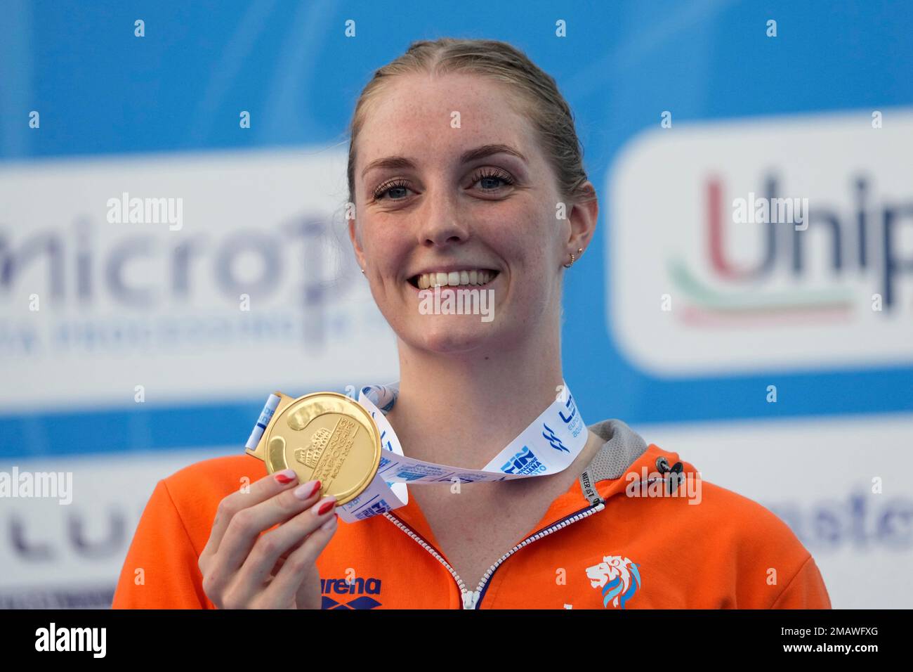 The Netherlands' Marrit Steenbergen celebrates on the podium after ...