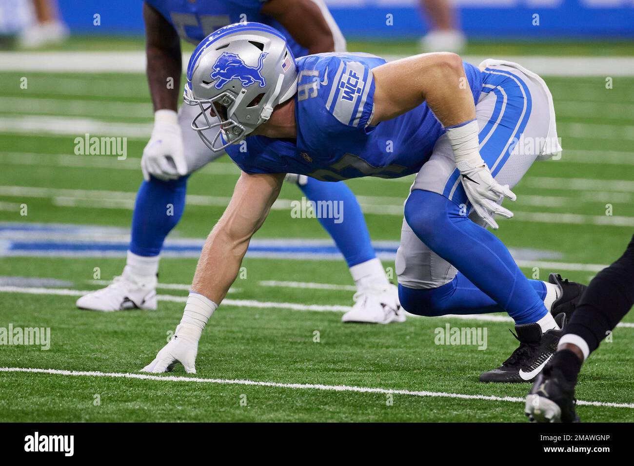 Detroit Lions defensive end Aidan Hutchinson (97) gets set against the ...