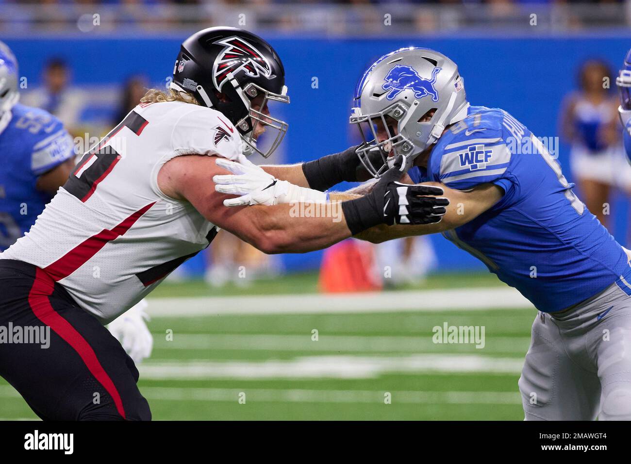 Atlanta Falcons offensive tackle Kaleb McGary (76) blocks Detroit Lions ...